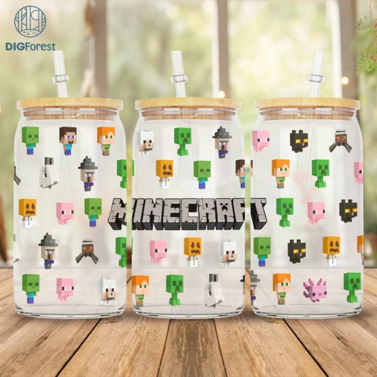 Minecraft Glass Can Wrap Png, 16Oz Glass Can Gaming, Sublimation, Kids ...
