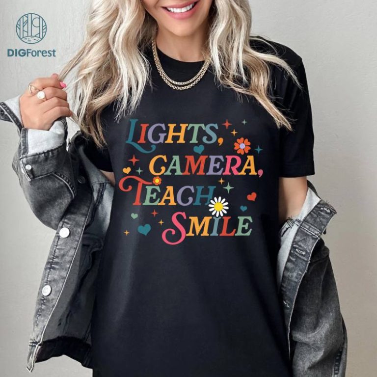 Lights Camera Teach Smile Shirt Download, Teacher Png Download, Groovy ...