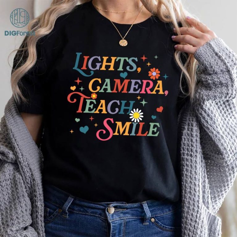Lights Camera Teach Smile Shirt Download, Teacher Png Download, Groovy ...