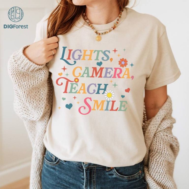 Lights Camera Teach Smile Shirt Download, Teacher Png Download, Groovy ...